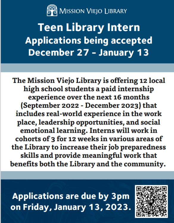 Teen Library Intern position now open | Mission Viejo Library Teen Voice